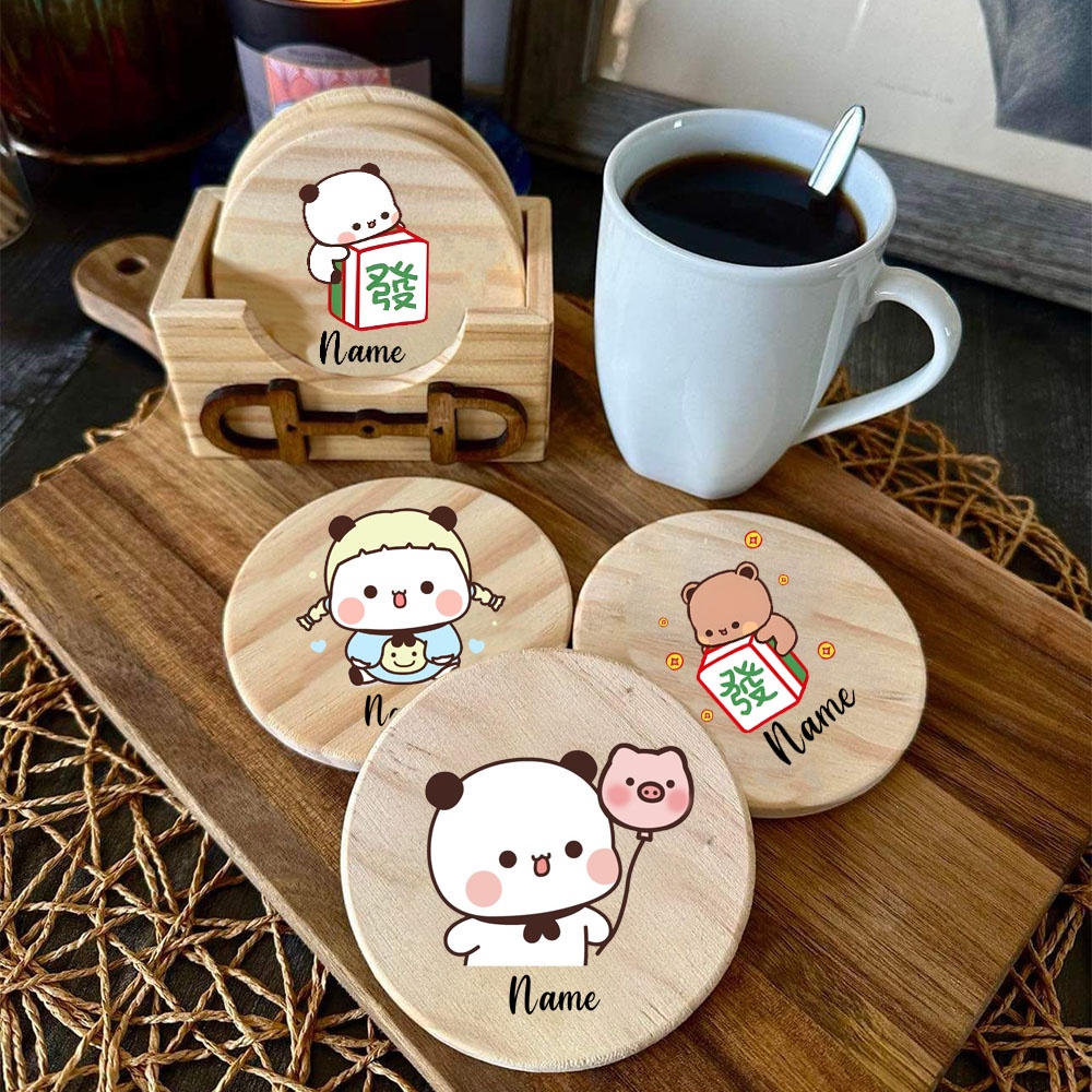 Cute Bubuyier with Name Custom Round Wooden Coasters Boys Girls Wooden ...