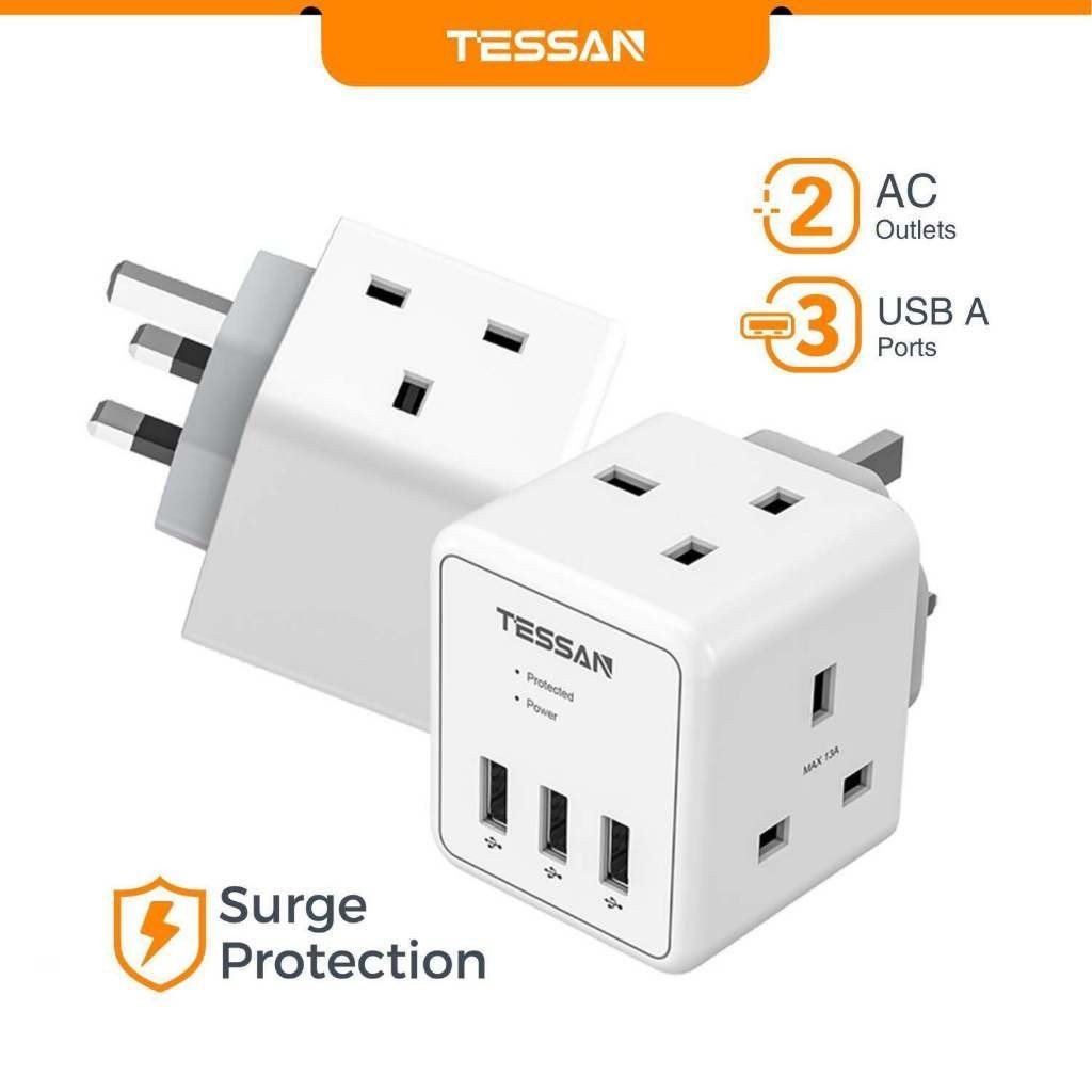 Double Plug Adaptor UK, Surge Protector 2 Way Plug Adapter with 3 USB ...