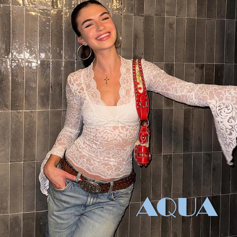 ANANA-Women Lace Tops Long Sleeve Deep V Neck See-Though Slim Fit T ...