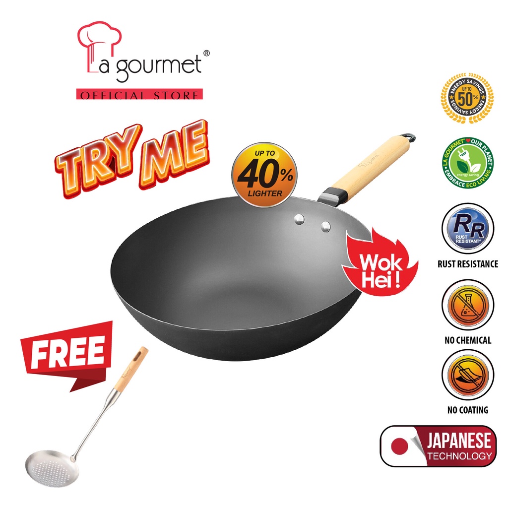 La gourmet Hikaru 30 x 9.2cm Wok with Wooden Handle, 4.6L (IH) (FREE ...