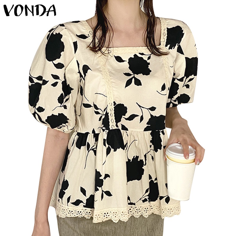 VONDA Women Korean Short Sleeves Puff Sleeves Square Neck Lace Splicing ...