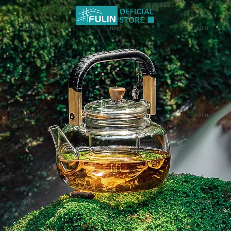 1000ml Clear Glass Teapot Bamboo Handle Beam Pot Thickened Borosilicate ...
