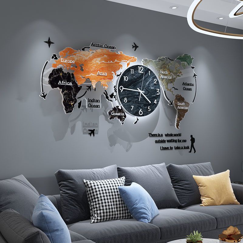 Led Light World Map Nordic Modern Home Creative Clock Watch Wall Clock ...
