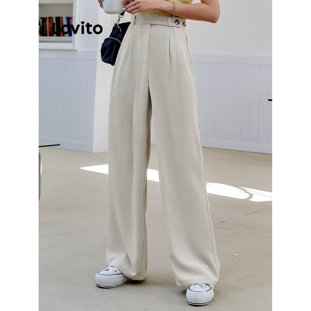 Lovito Casual Plain Button Pocket Pants For Women L70ad045 Grey