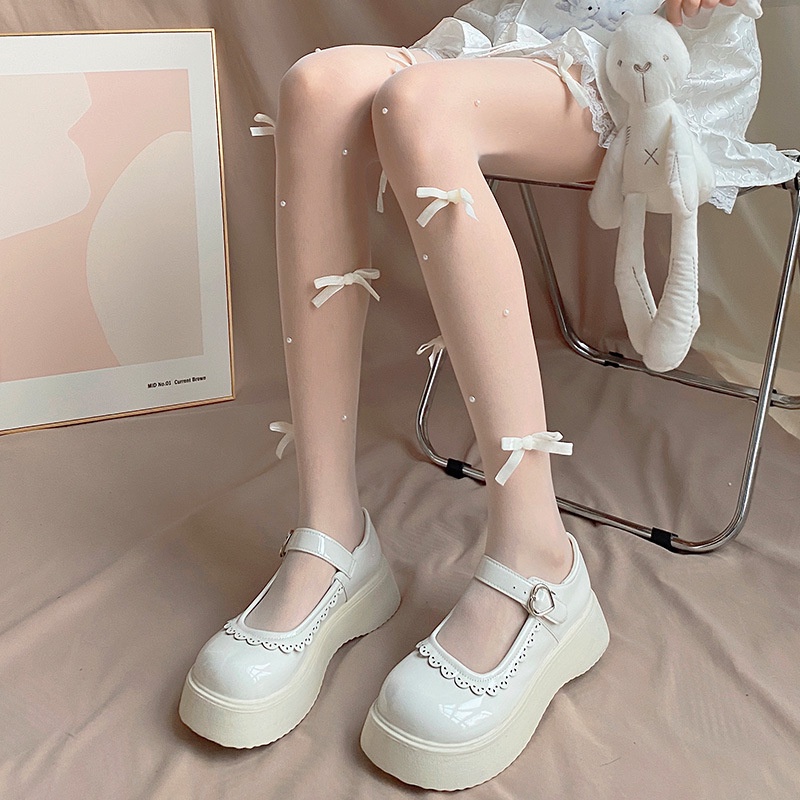Japanese jk Bow Pearl White Stockings lolita Leg Shaping Ultra-Thin ...