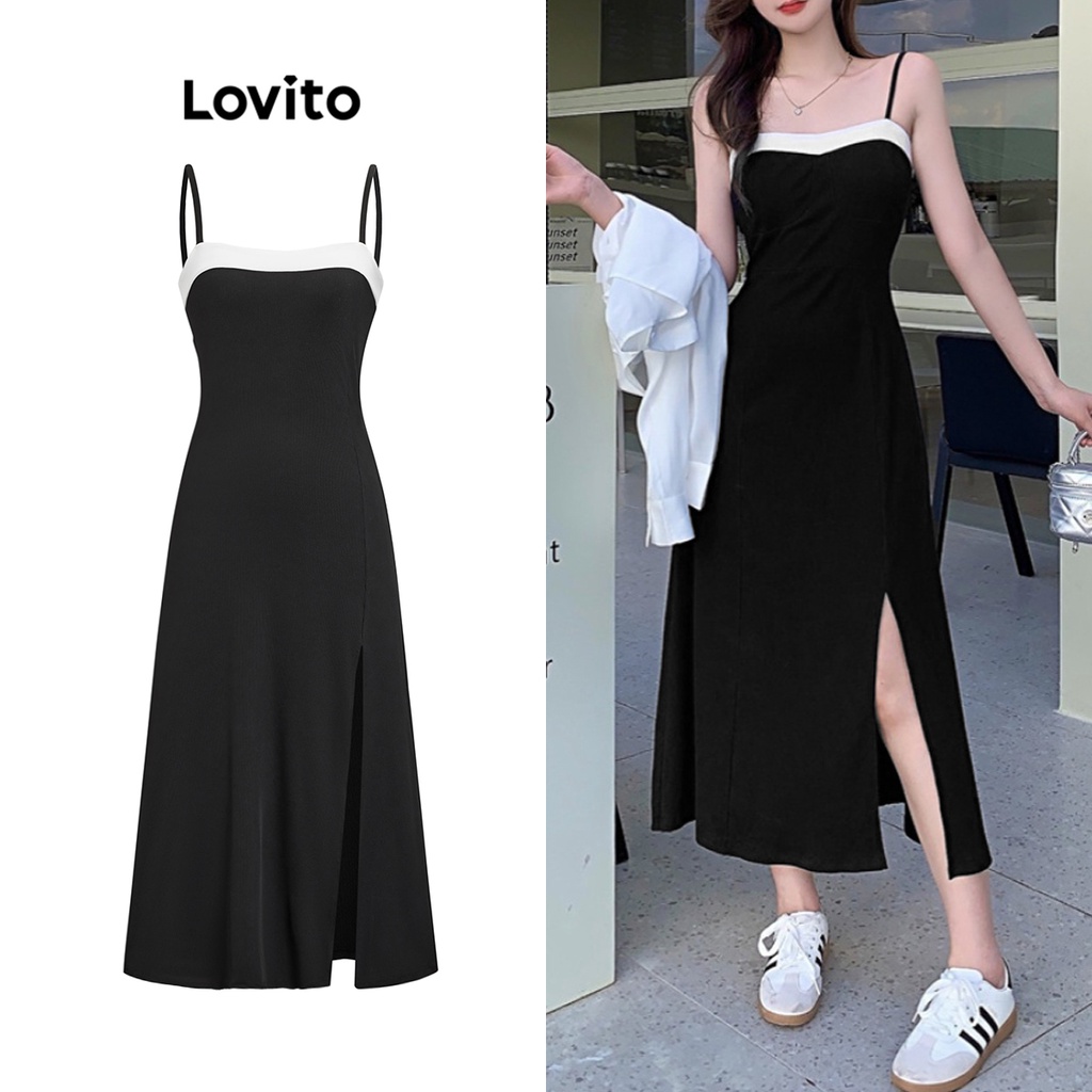 Lovito Casual Plain Colorblock Dress for Women L71ED132 (Black ...