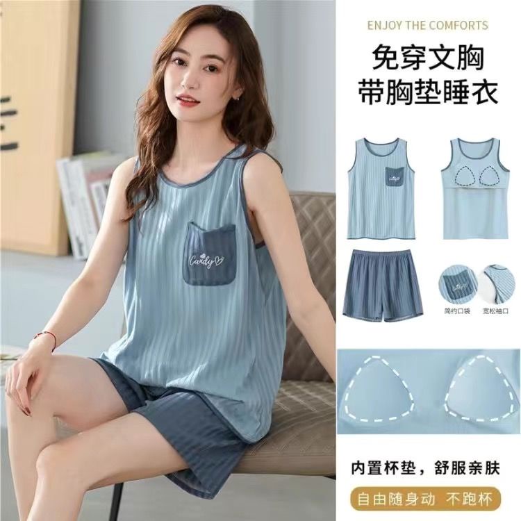 Pyjamas Women Cotton With Bra Pad Bra Chest Pad Tank Top Sleeveless ...