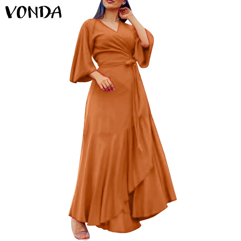 VONDA Women Vintage Solid Color Flared Sleeves V-Neck Maxi Dresses ...