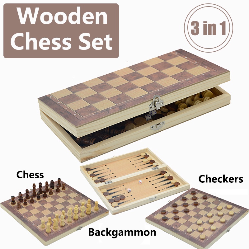 【Ship in 12h】5 Size Wooden Chess Set 3-in-1 Foldable Board Chess ...