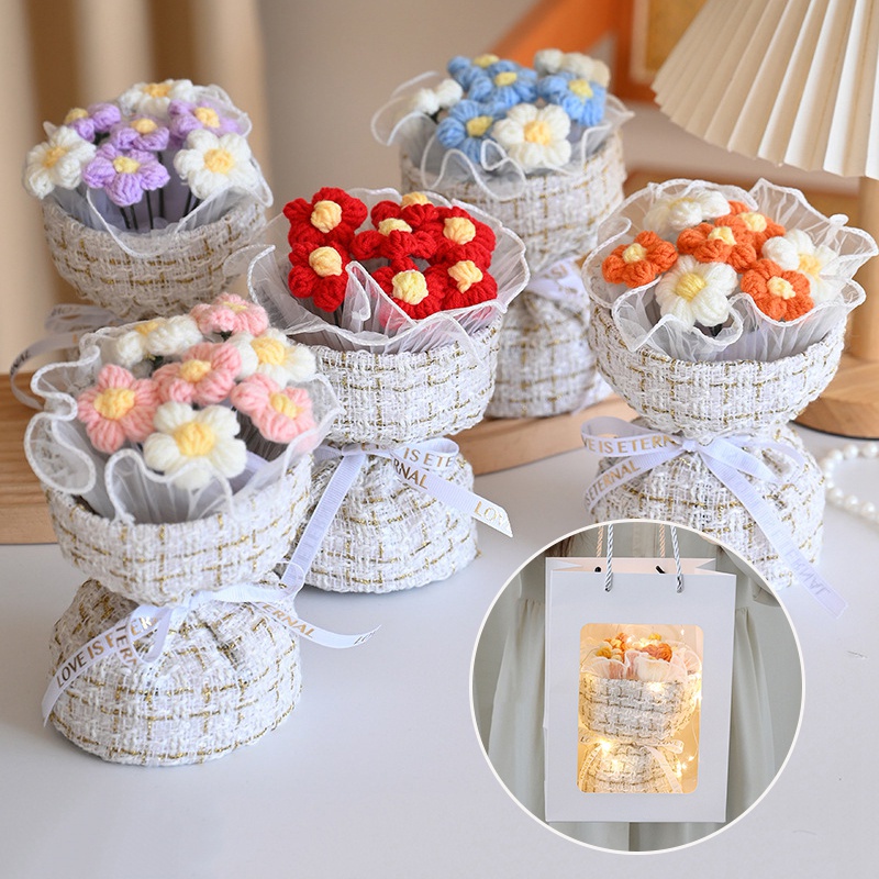 Crochet Bouquet, Finished Wool Knitted Bouquet, Simulated Puff Flower ...