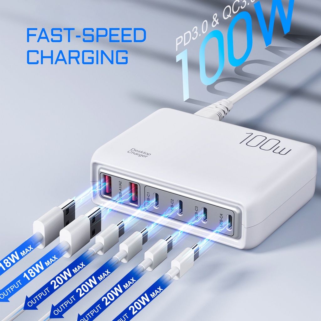 100W USB Charger Type C PD Fast Charging Multiple 6 Ports Desktop ...