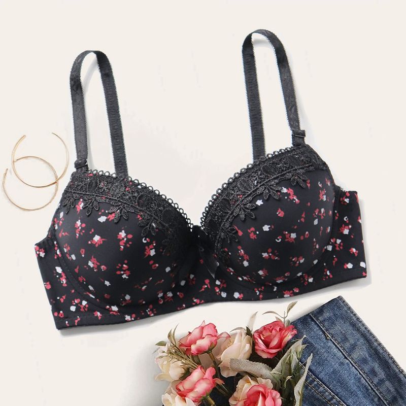 PARIFAIRY Little Floral Print Brassiere Foam Padded Bra Push Up Embroidred Bra with Wire 36B 38B ...