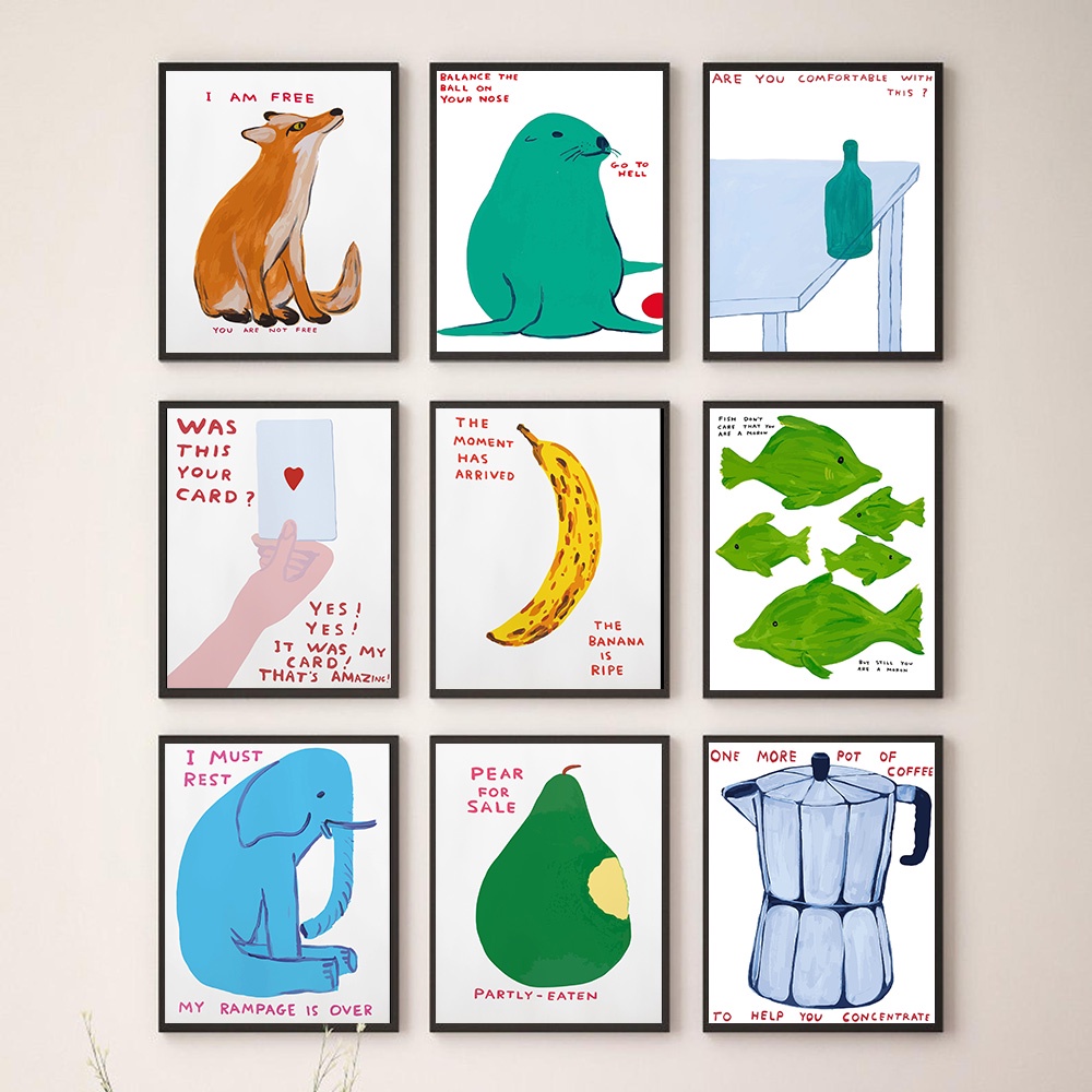 David Shrigley elephant Banana Cat Bird Wall Art Canvas Painting Nordic ...