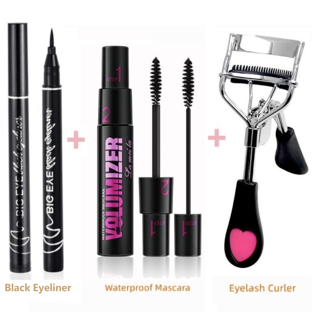3Pcs Eye Makeup Set 2 In 1 Waterproof Mascara + Eyelash Curler + Black ...