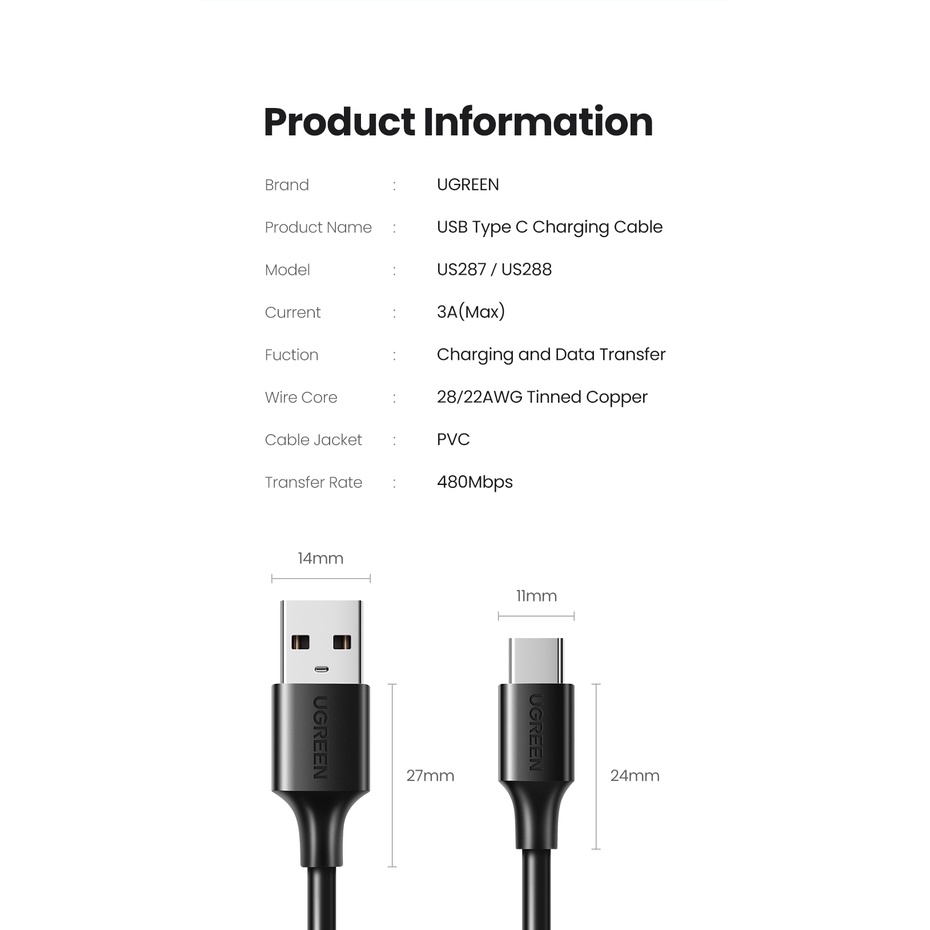 UGREEN 3A USB C Cable Type C Cable, USB A to USB C Lead, QC 3.0 Fast ...