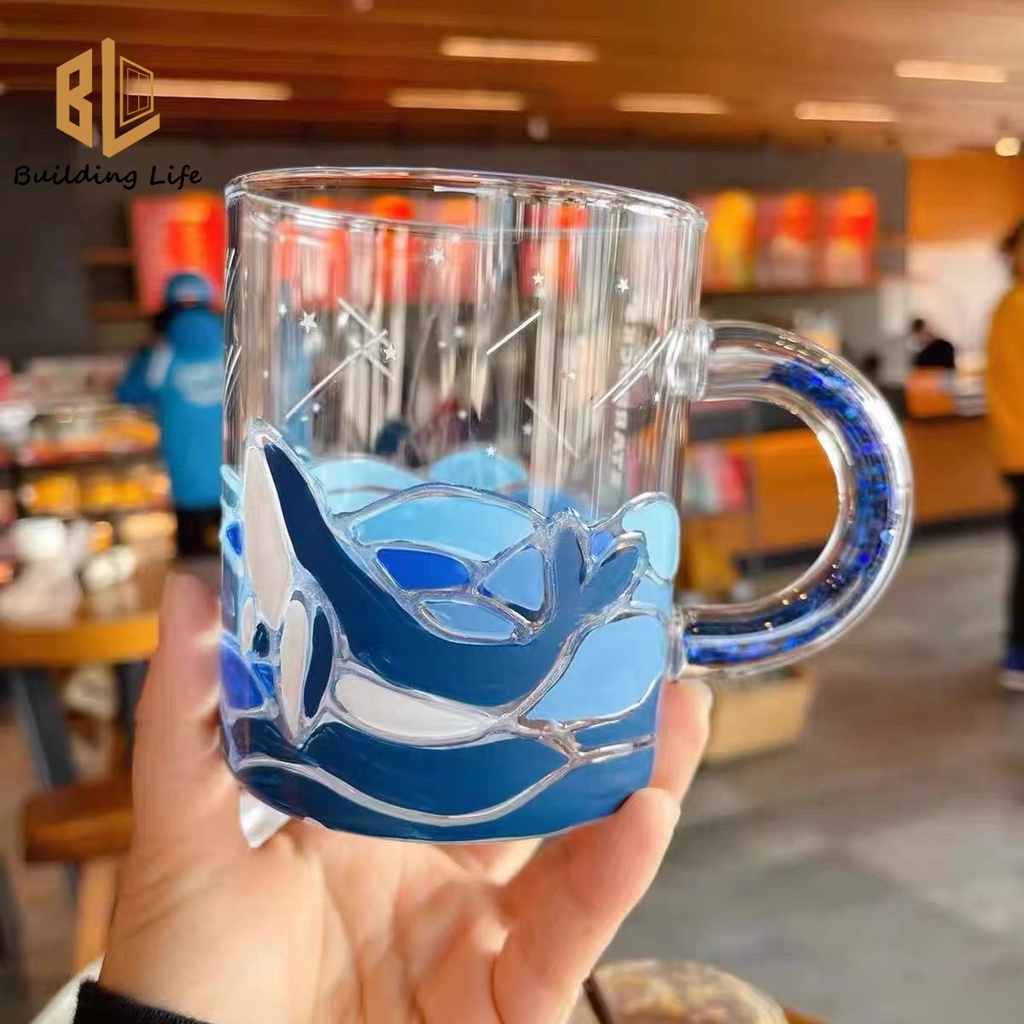 Starbucks Cup Blue Whale Glass Cup Blue Diamond Handle Embossed Mug ...