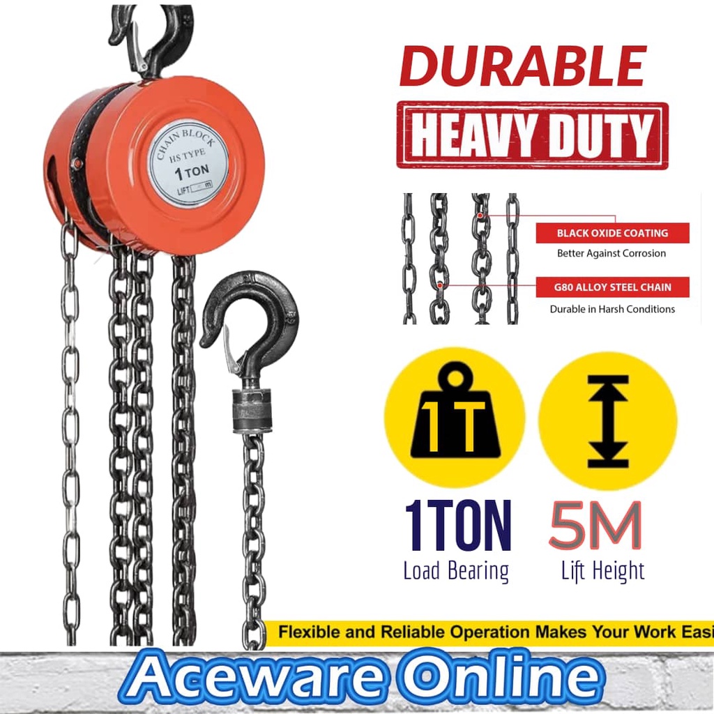 1 Ton Heavy Duty Chain Block Lifting 5 Meter HS-type Chain Hoist Rantai ...