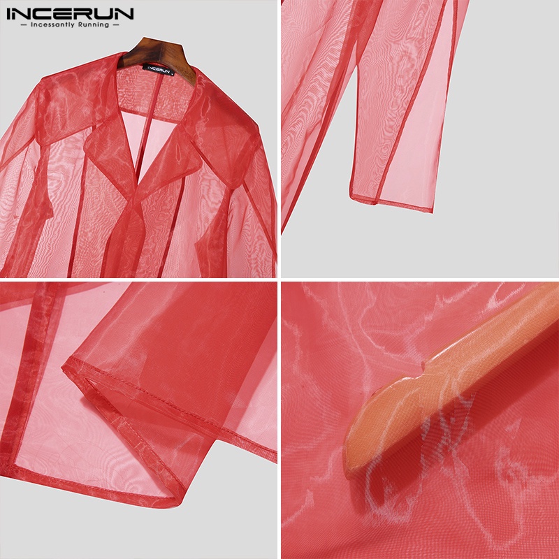 INCERUN Men Vintage Mesh See-Through Long Sleeves Turn-Down-Collar ...