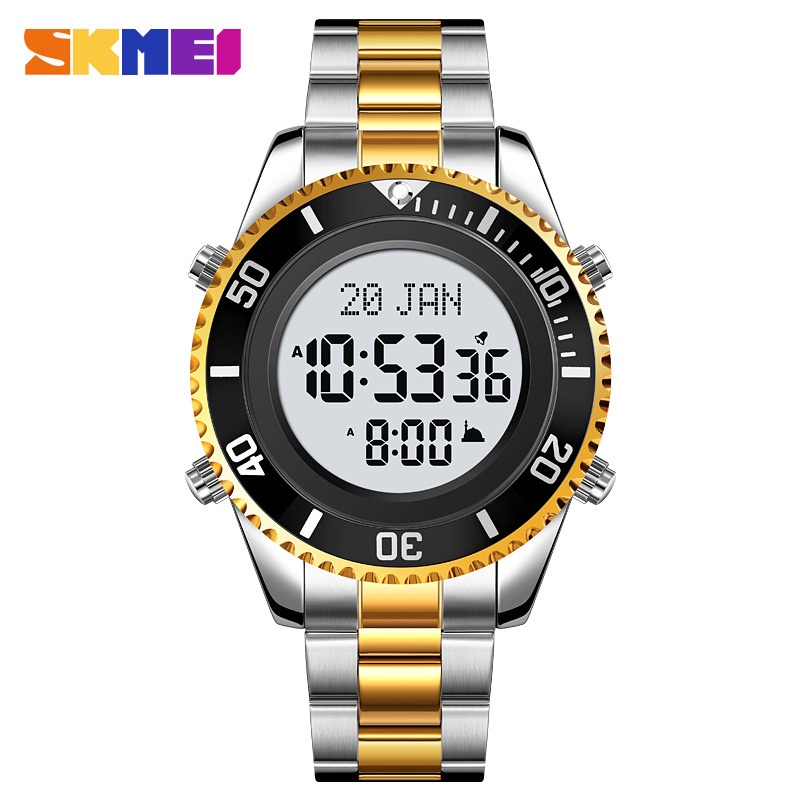 SKMEI Stainless Steel Digital Watch Muslim Azan Prayer Compass Clock ...