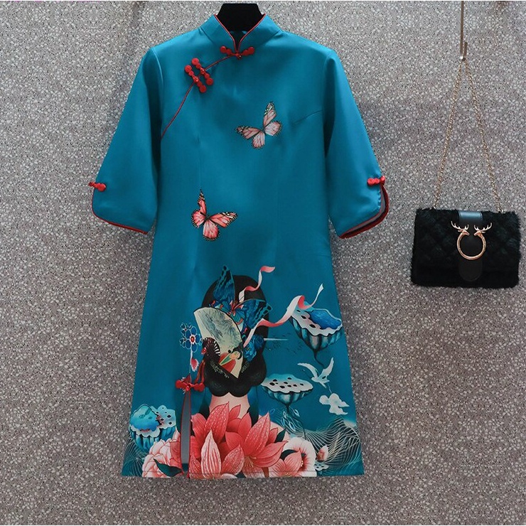 M-4XL Cheongsam Dress Women Chinese style qipao New Blue Summer Trend ...