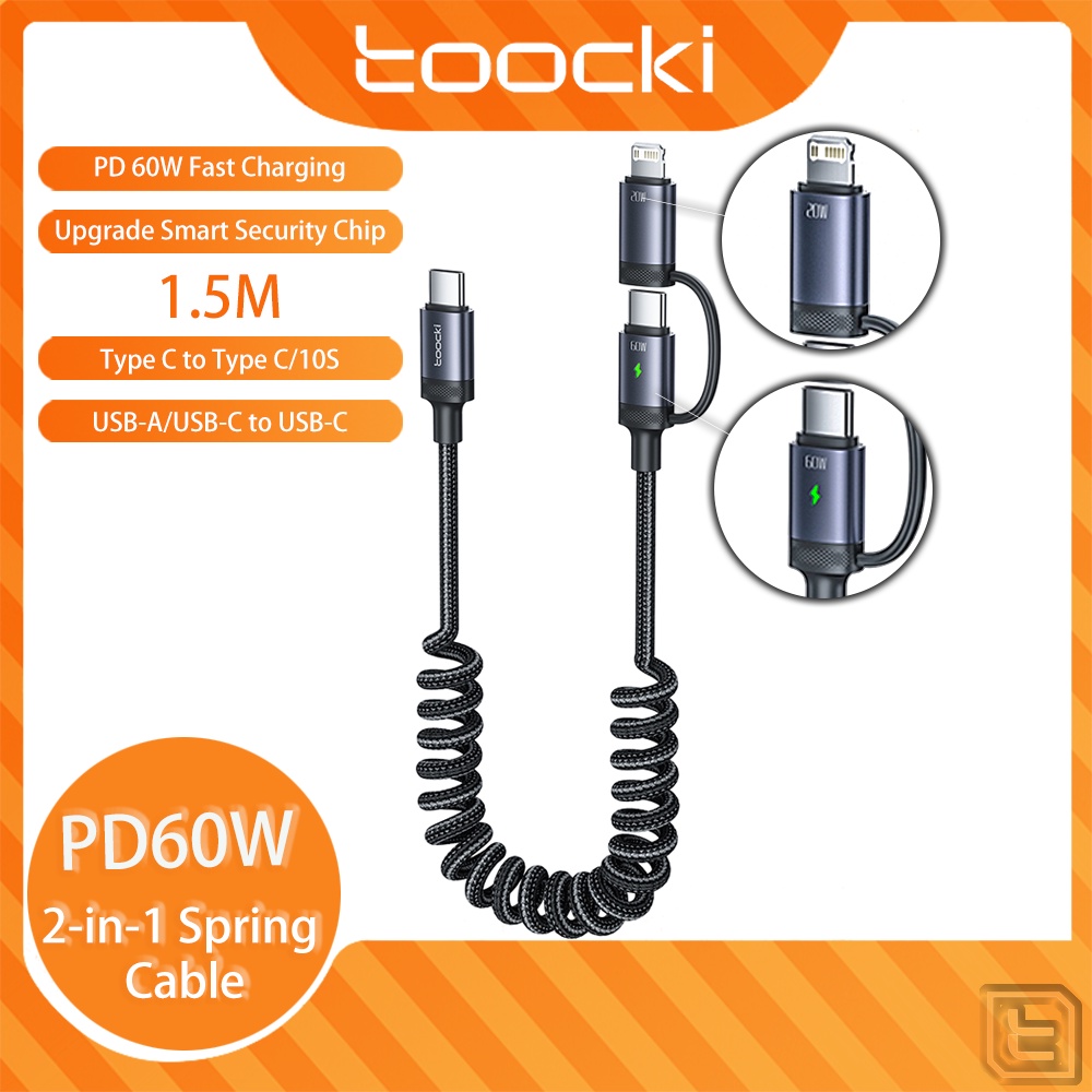 Toocki 60W 2-in-1 Fast Charging USB Spring Data Cable Type C to Type C ...