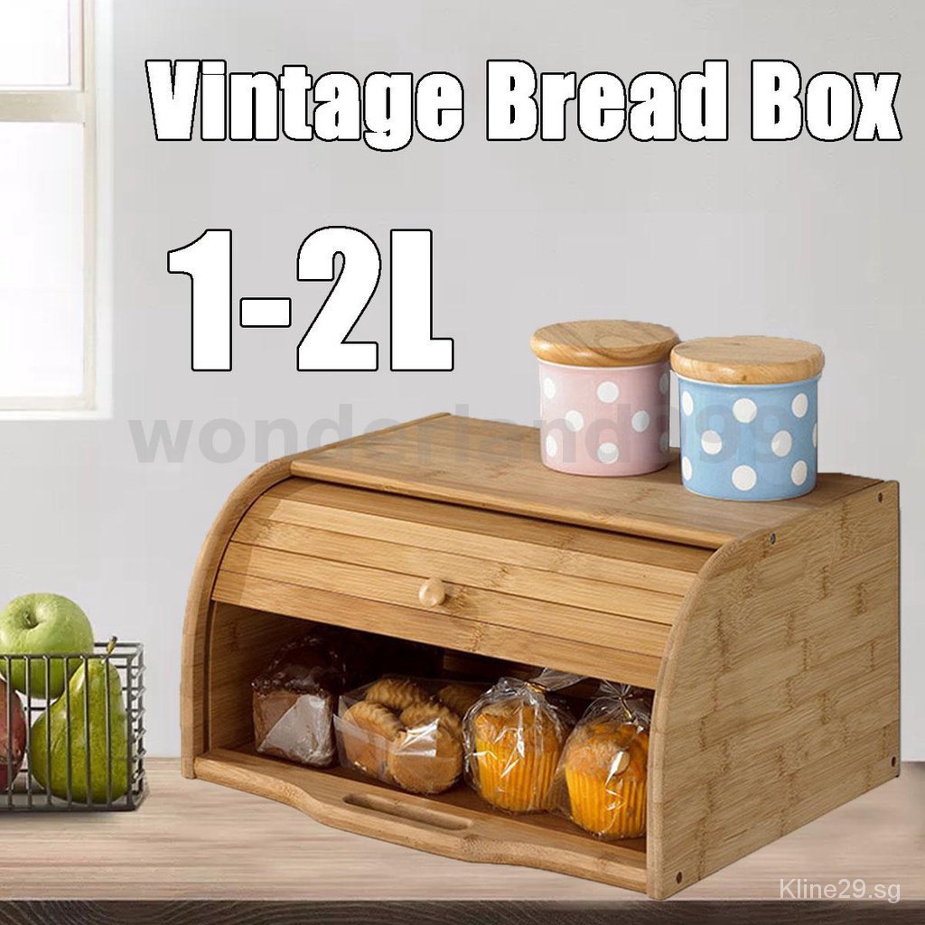 【kline】Bamboo Wood Roll Top Bread Bin Storage Box Kitchen Food Case ...