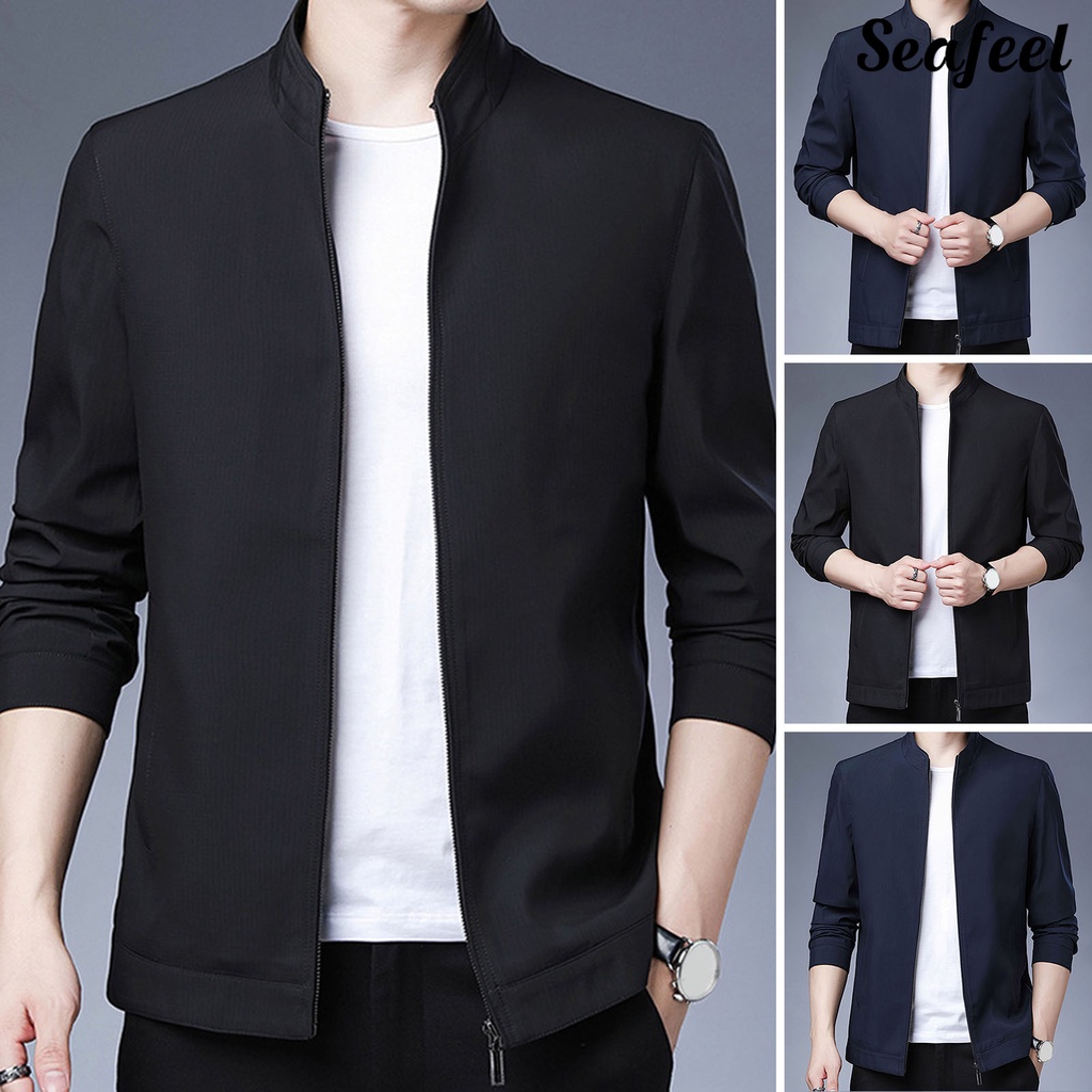 [SEA] Men Spring Fall Coat Stand Collar Solid Color Long Sleeves Zipper ...