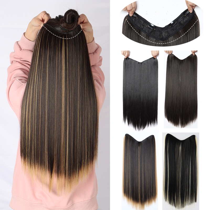 Synthetic Long Straight U-shaped Hair Extension Mix Color Wig Extension ...