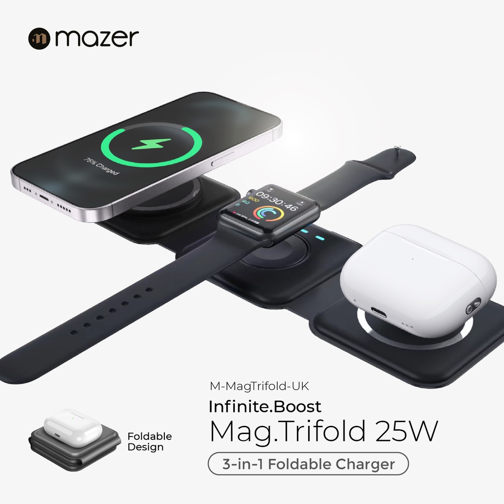 Mazer Wireless Charger 3 in 1 Foldable Magnetic Wireless Charger Travel ...