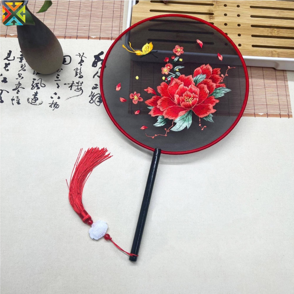 Double Sided Embroidery With Peony Fan Embroidery With Silk Wrapping ...