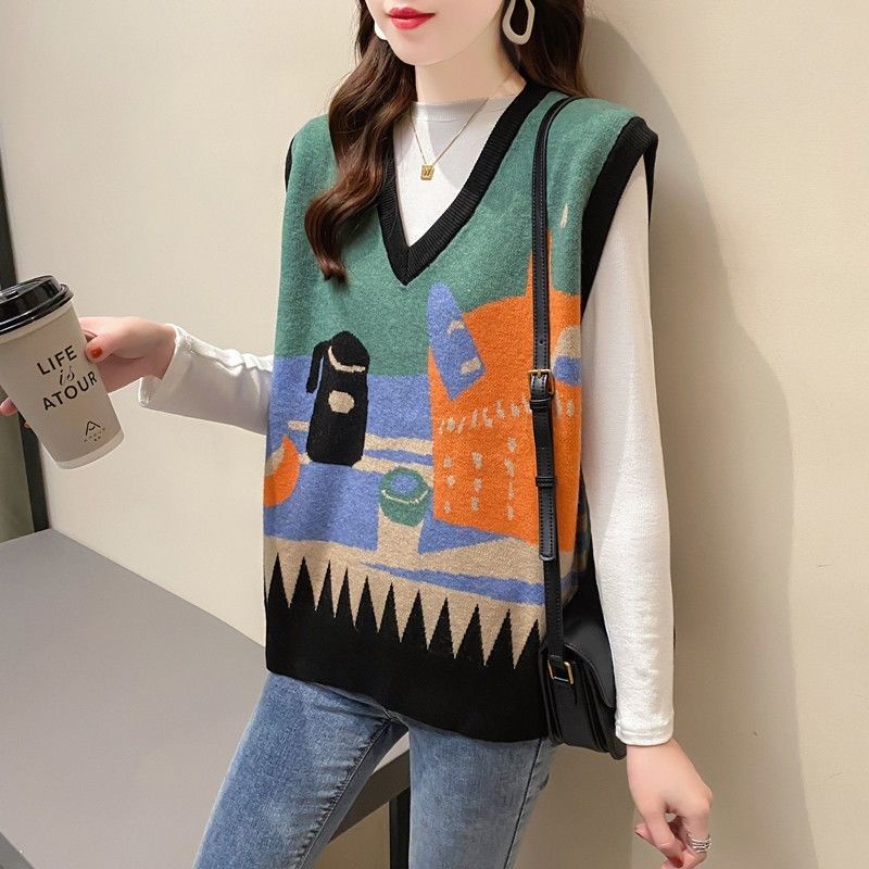 Women's vest loose Korean version pullover V-neck sleeveless knit vest ...