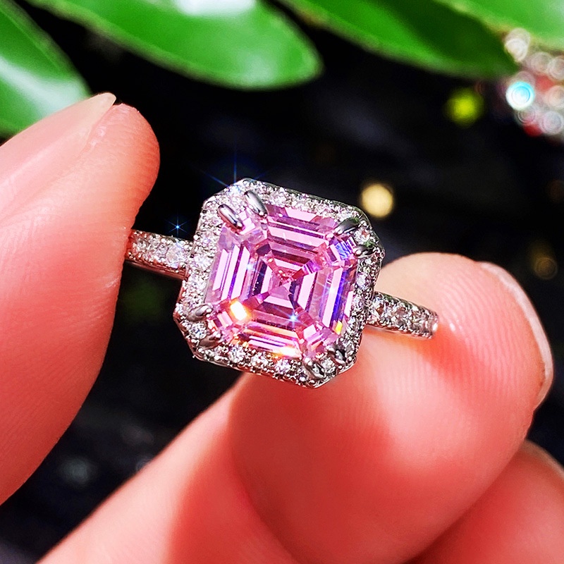 LALA.Classic Super Flash Square Pink Diamond Princess Ring Micro-Inlaid ...
