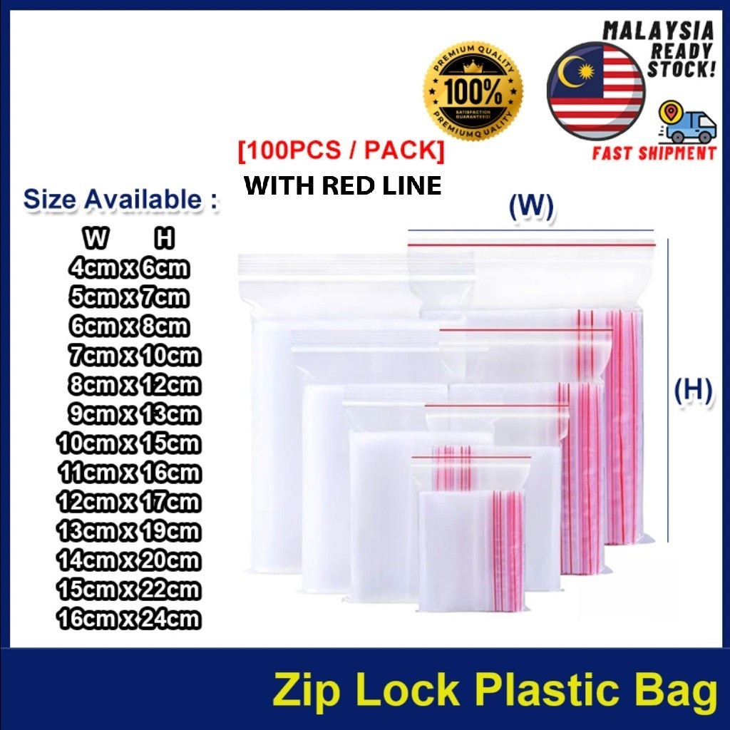 [100 PCS/Pack] Zip Lock Plastic Bag With Red Line Clear Transparent ...