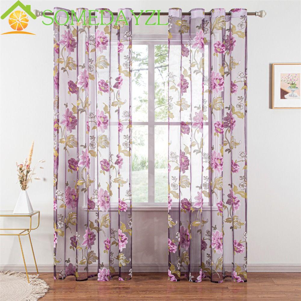 SOMEDAYMX Curtain Floral Romantic Tulle Bedroom Living Room Peony ...