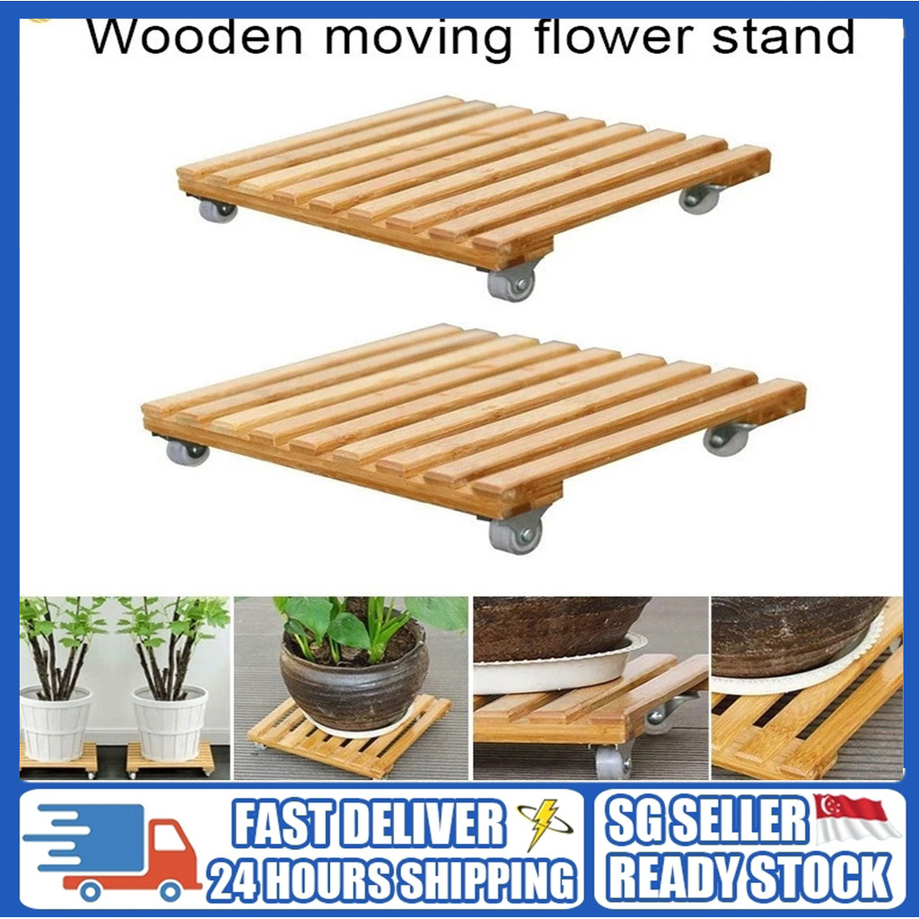 [SG Seller]Flowerpot base Wooden Movable Plant Pot Trolley Trays Plant ...