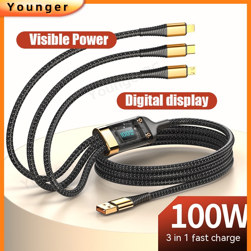 100W Intelligent Digital Display Charging Cable Visible Power 3 In 1 ...