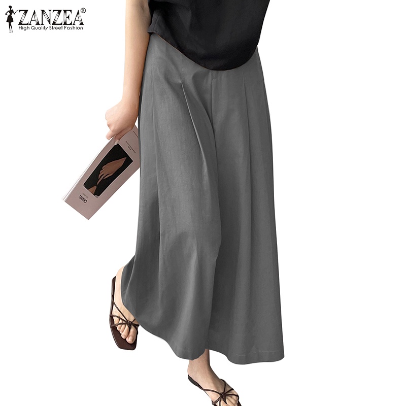 ZANZEA Women Korean Center Front Zipper Back Elastic Waist Wide Leg ...