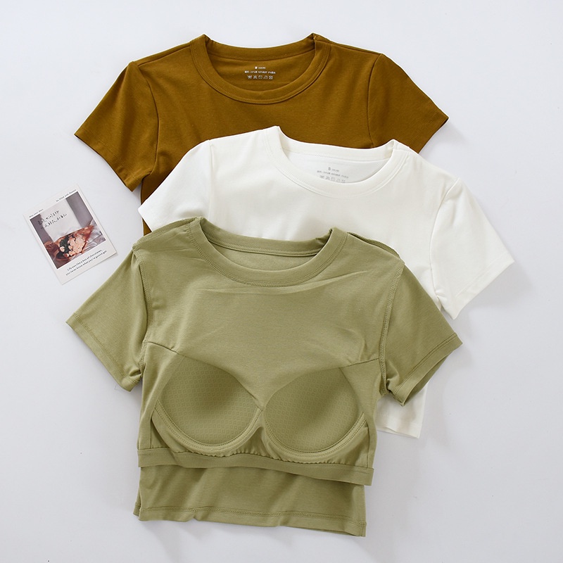 New Style 2-in-1 bra-t One-Piece Round Neck Short-Sleeved Women Crop ...