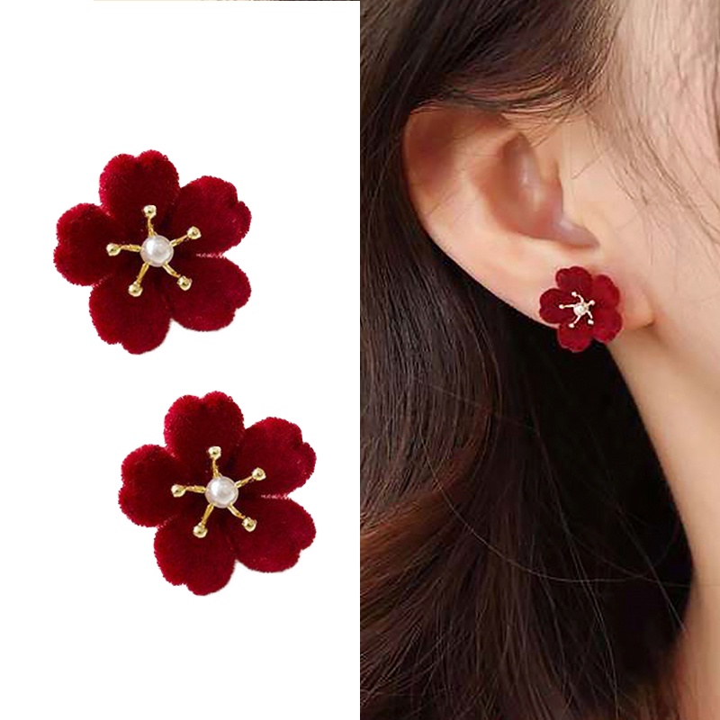 Retro Elegant Unique Temperament Hong Kong Style Red Flocking Pearl ...
