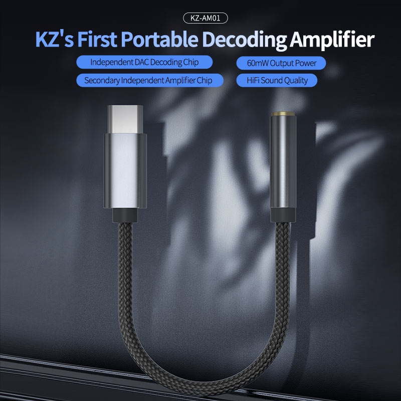 KZ AM01 Type-C to 3.5mm Audio Adapter Line 32bit/384kHz Hi-Fi DAC + IC Amplifier Dual Chip ...