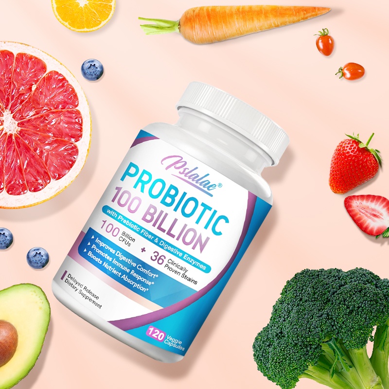 Probiotic capsules contain prebiotics and digestive enzymes to improve ...