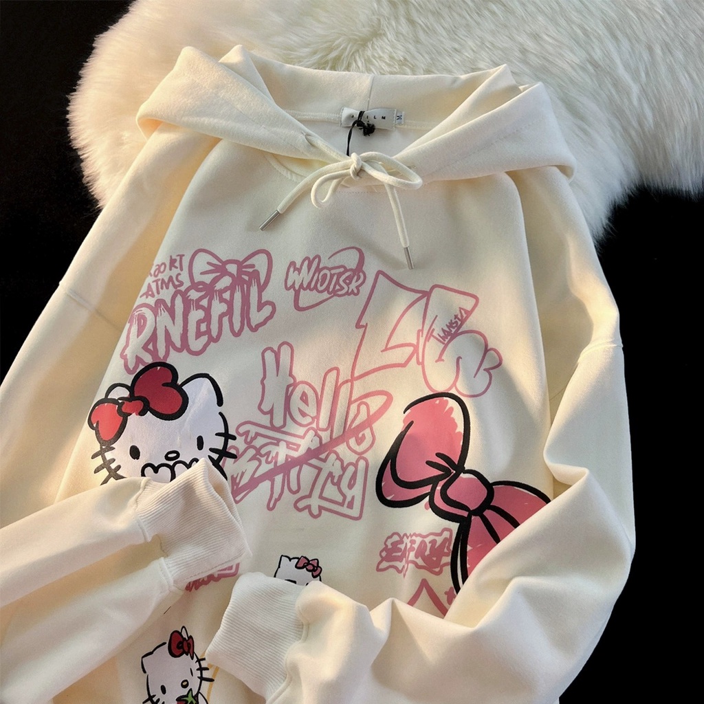 Graffiti Style Long Sleeved Hoodie Women Hello Kitty Loose Sweater ...