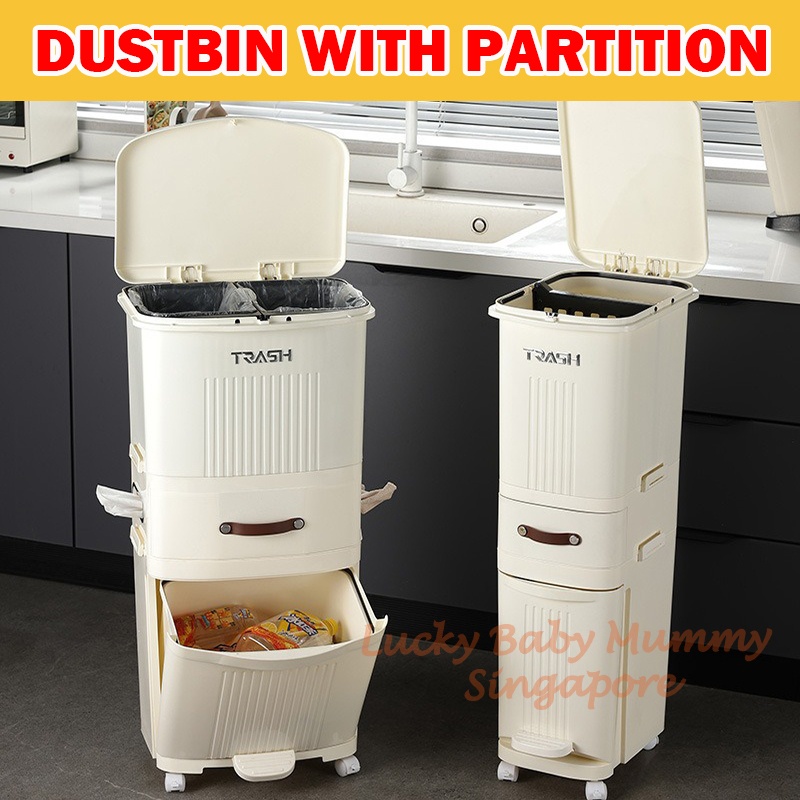 Large 3-Tier Dustbin with Partition 360 Degree Wheel Kitchen Garbage ...