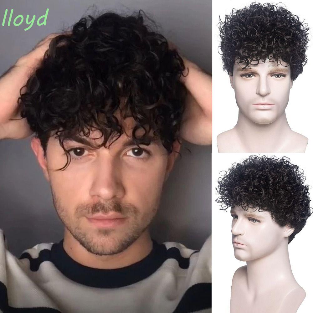 LLOYD Short Wavy Men's Wigs, Natural Brown Synthetic Curly Wigs, Soft ...
