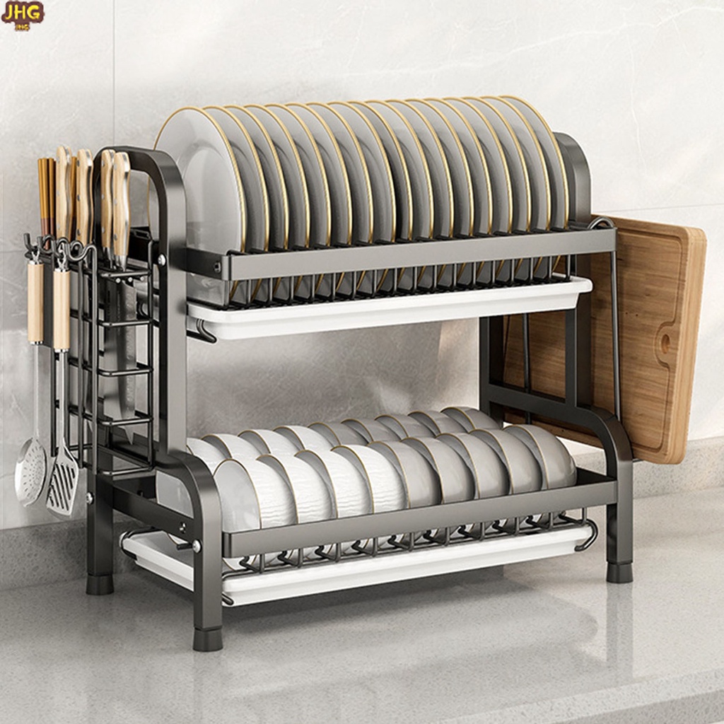 2 Tier Dish Drying Rack with Drainboard Carbon Steel Rust-Proof Dish ...