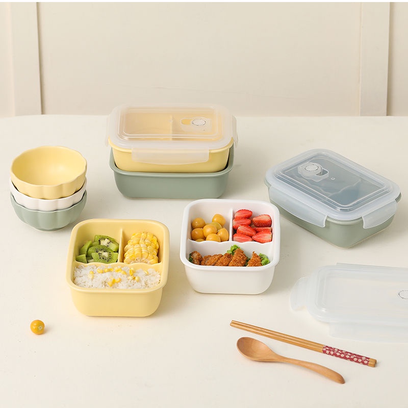 Cream yellow sealed preservation box Ceramic bento box Divided storage ...