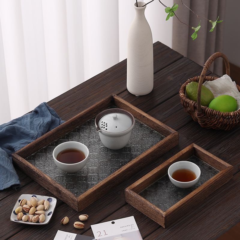 Retro Begonia Glass Tray Rectangular Wooden Tea Tray Storage Fruit ...
