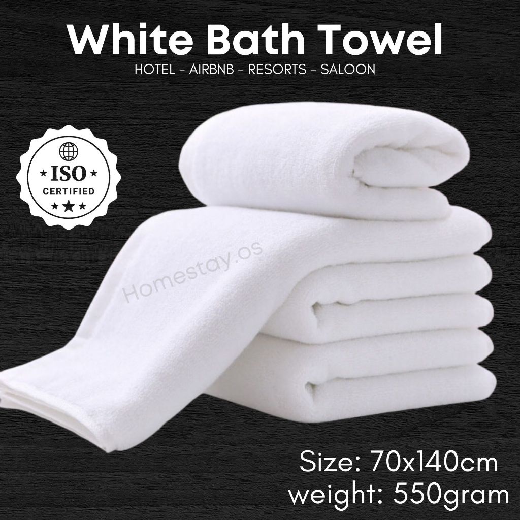 White Bath Towel 550gm 600gm Pure cotton 70x140cm High Water Absorbent ...