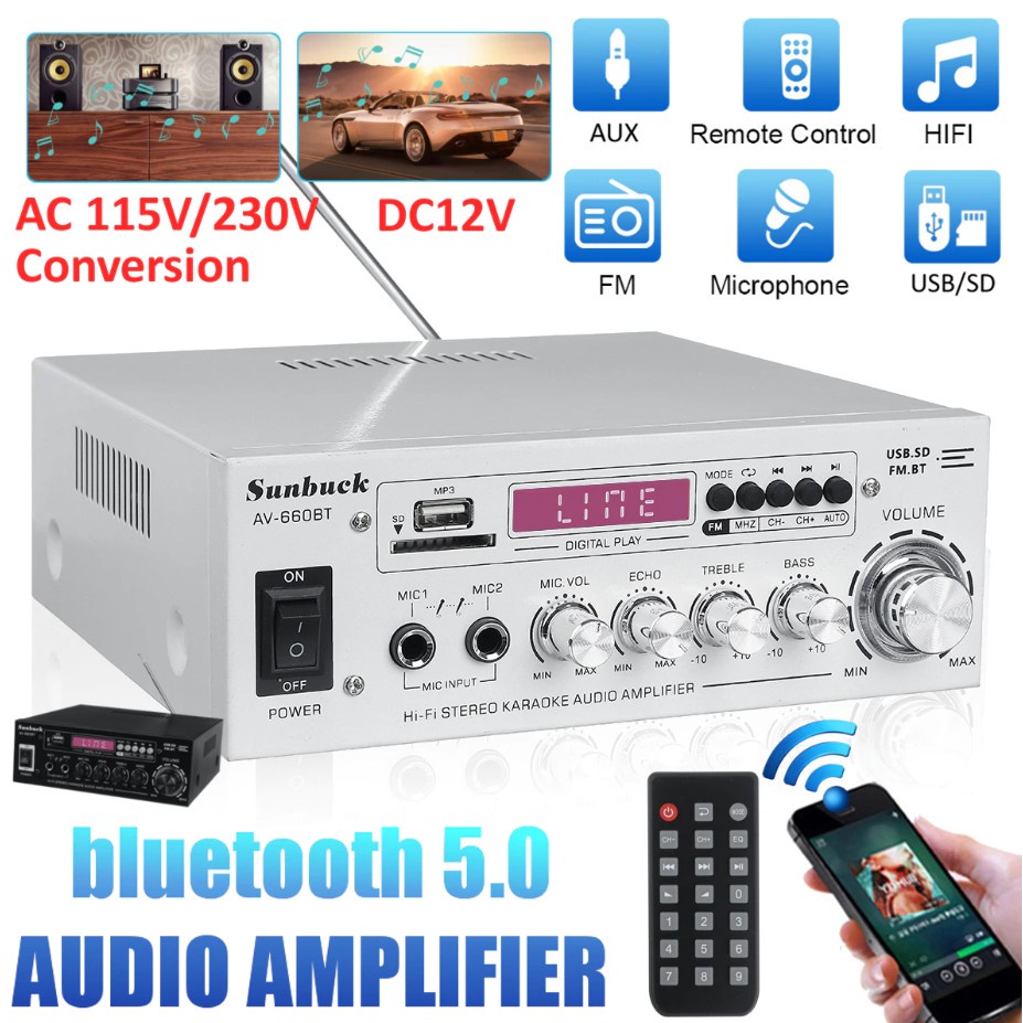 220V AV-660BT 2.0 channel audio power amplifier, 2 microphone inputs ...