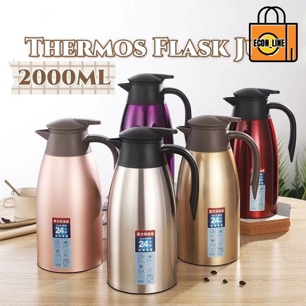 (2L) Stainless Steel 304 Thermos Flask With Press Button Double Layer Vacuum Insulated Water Jug ...